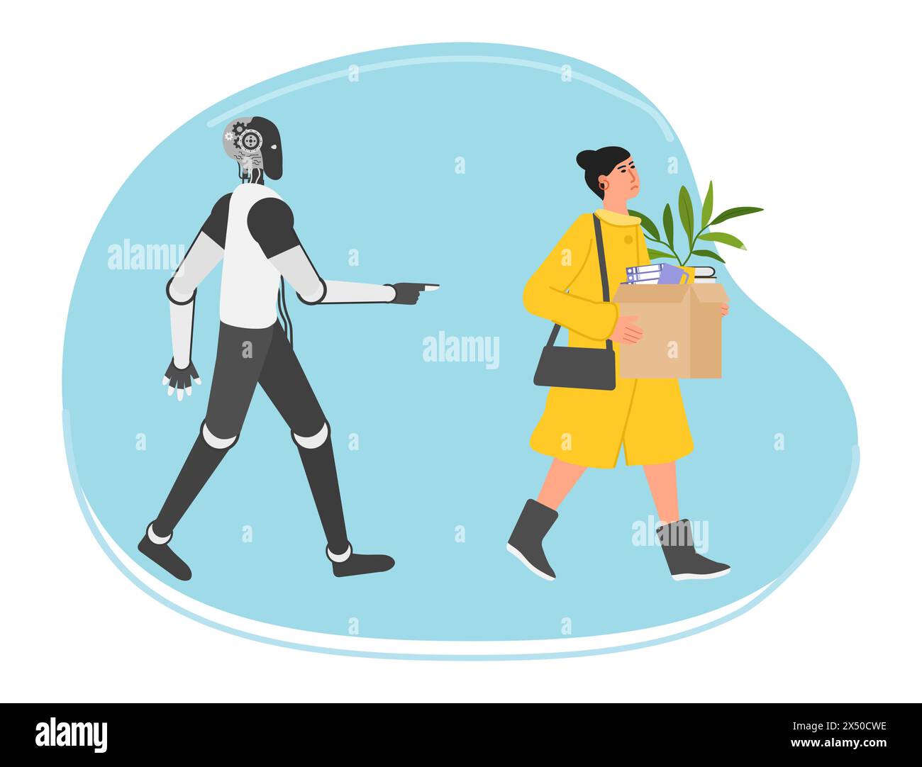 Smart AI robot took workplace, sad fired girl hold box. Unemployment ...