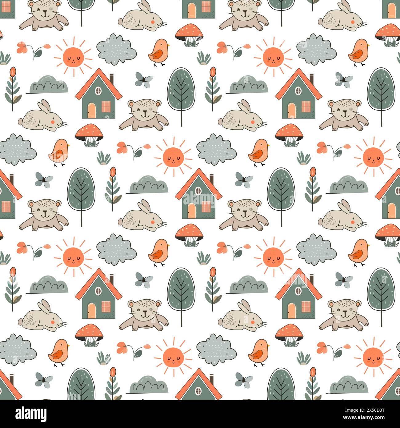 Vector kid seamless pattern Cute baby print with house, sun, tree ...