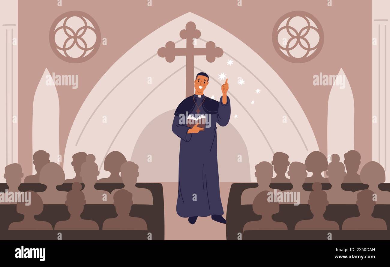 Sermon in catholic cathedral. Cartoon people in church. Congregation ...