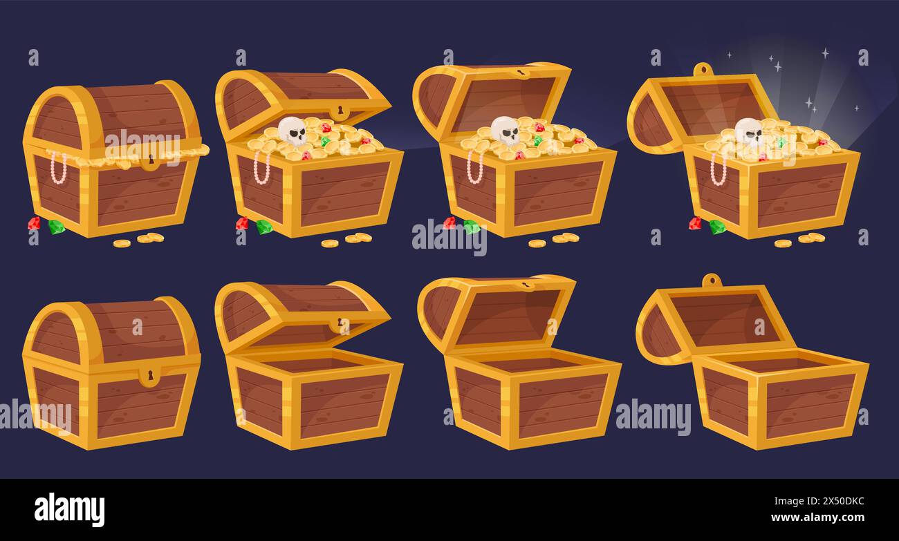 Cartoon wooden chest animation. Fabulous pirate treasure. Gold coins ...