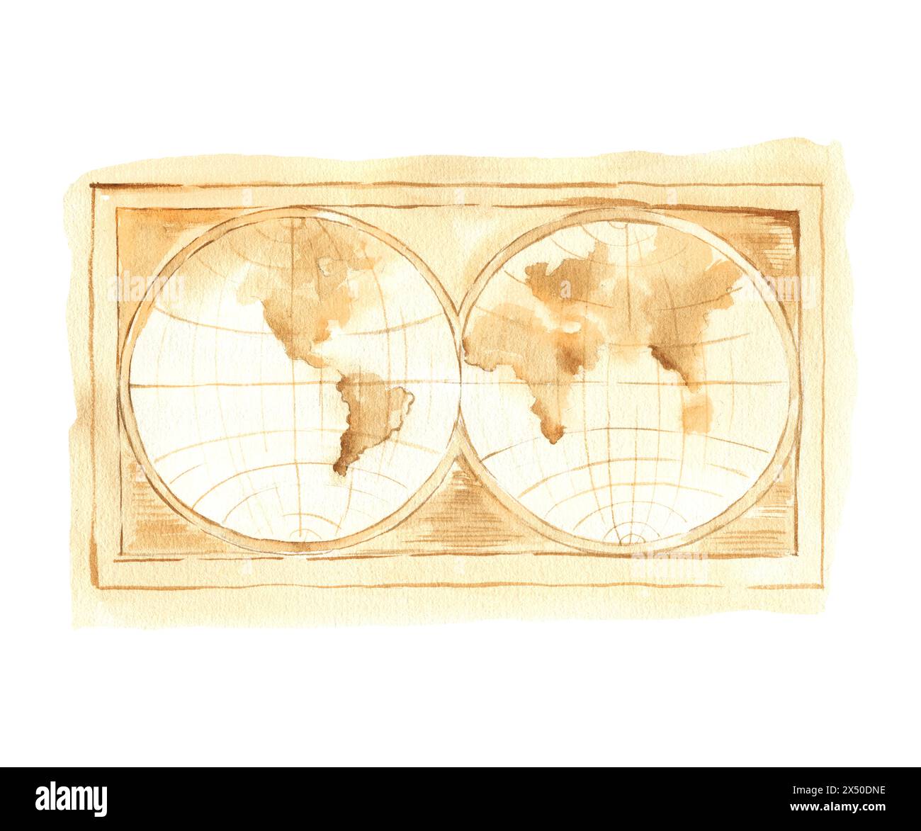 watercolor old textured world map, vintage brown and beige map with ...