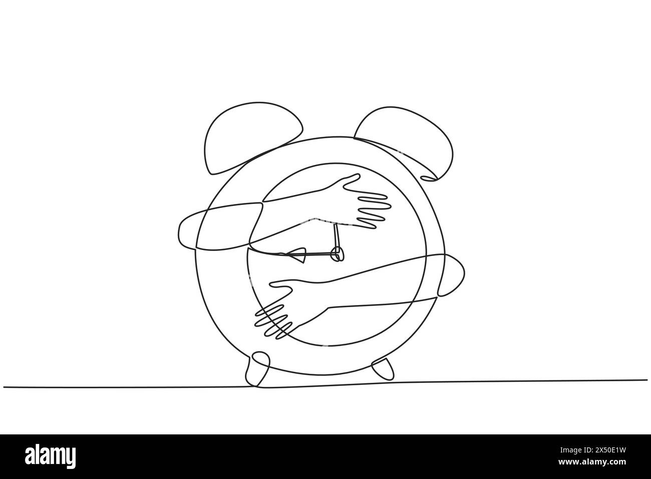 Single one line drawing of hands hugging alarm clock. Business ...