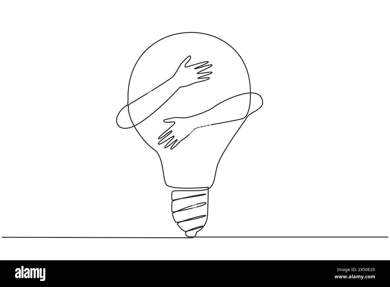 Single continuous line drawing of hands hugging lightbulb. Illustration ...