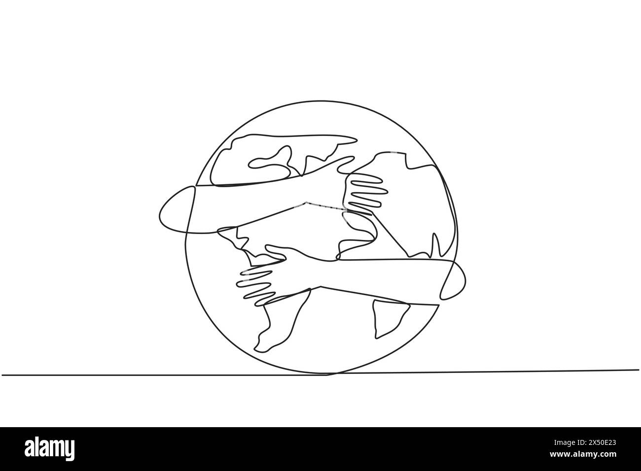 Single continuous line drawing of hands hugging globe. Keeping the ...
