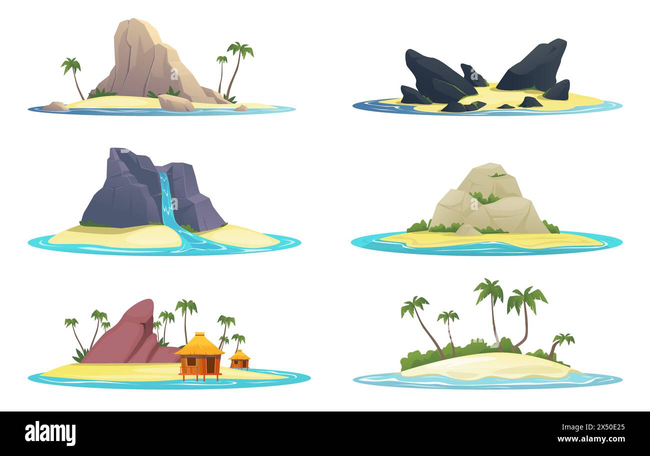 Cartoon tropical islands. Beautiful natural landscapes. Rocks or palm ...
