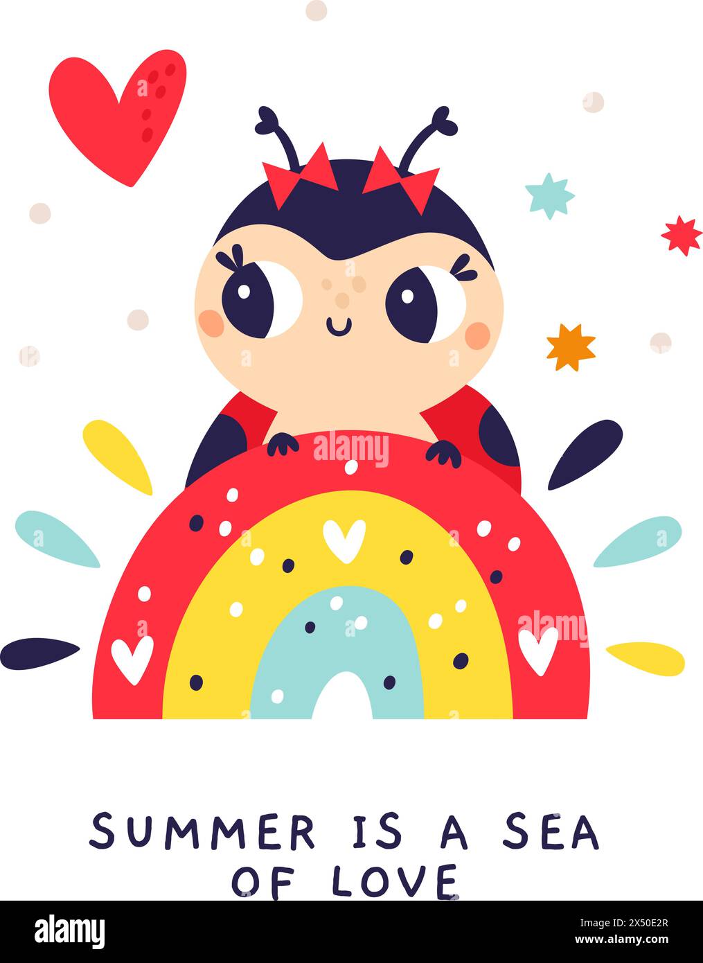 Cartoon ladybug card. Cute kids character. Little beetles with polka ...