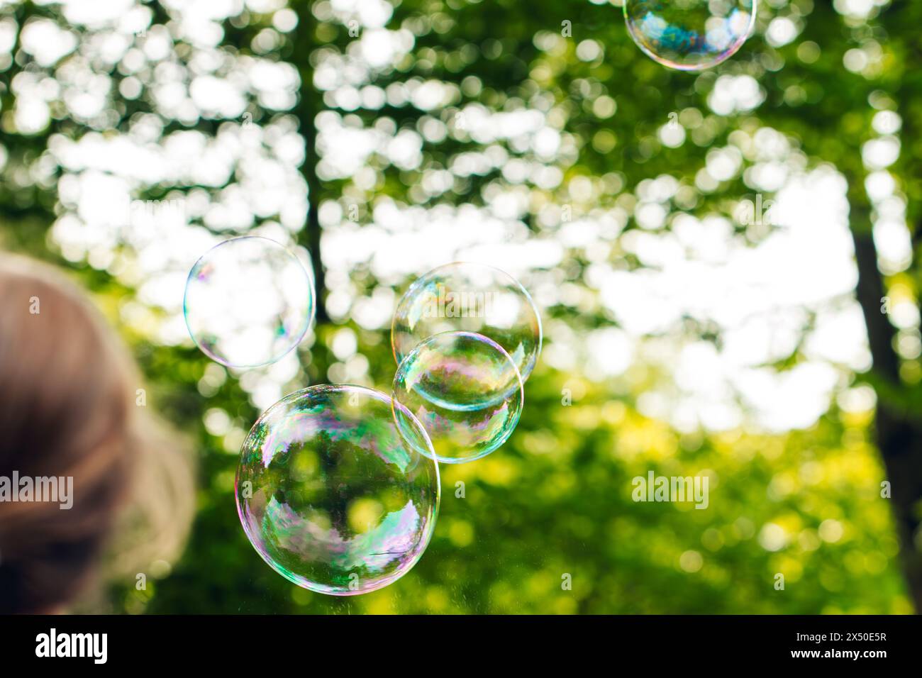 child trying to burst soap bubbles, festive atmosphere, sun rays ...