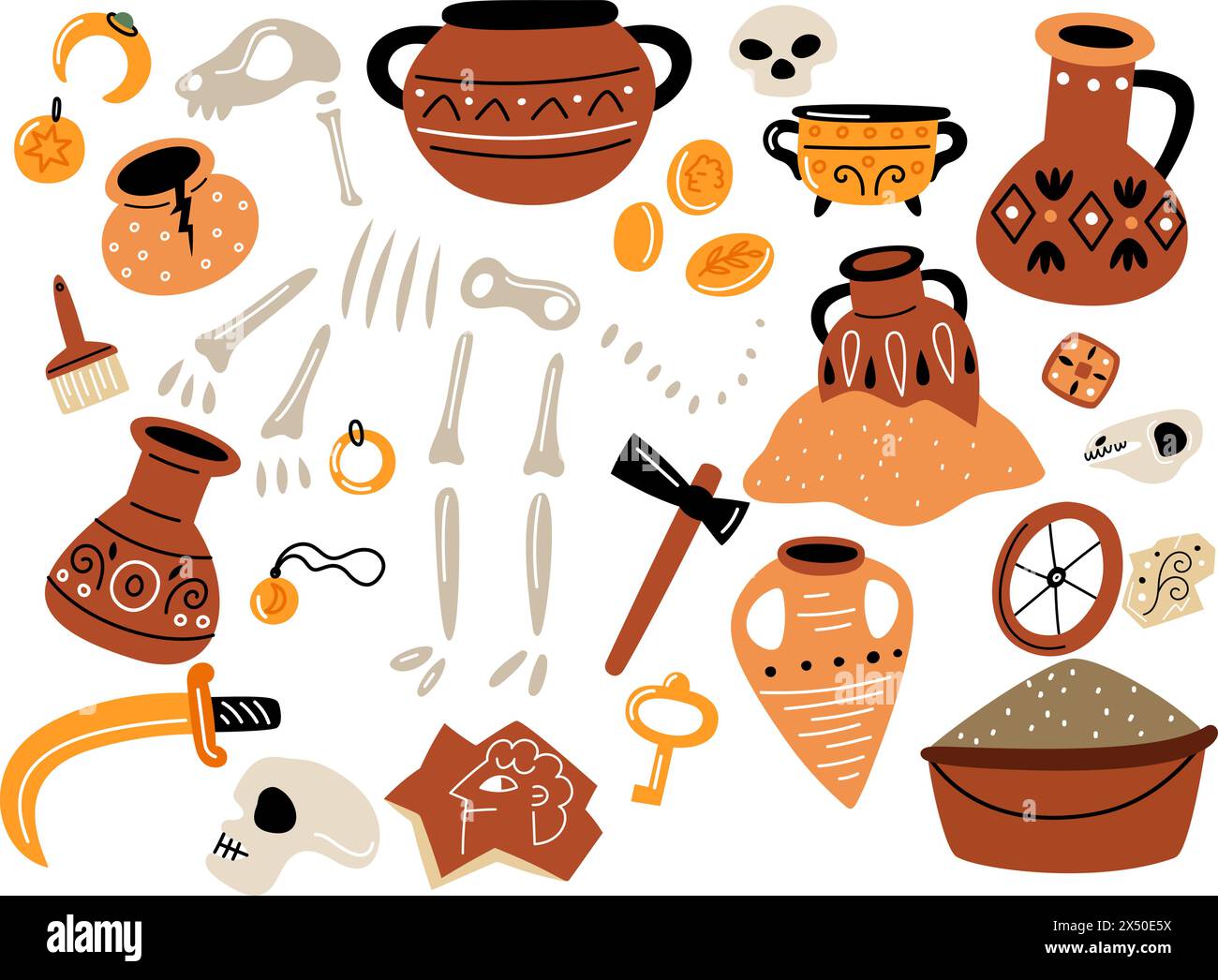 Cartoon archeology. Paleontology expedition. Ancient earthenware ...