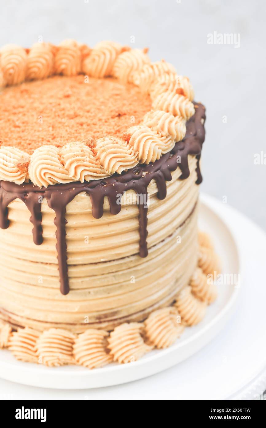 Close-up of a chocolate and cookie sponge layer cake with buttercream ...