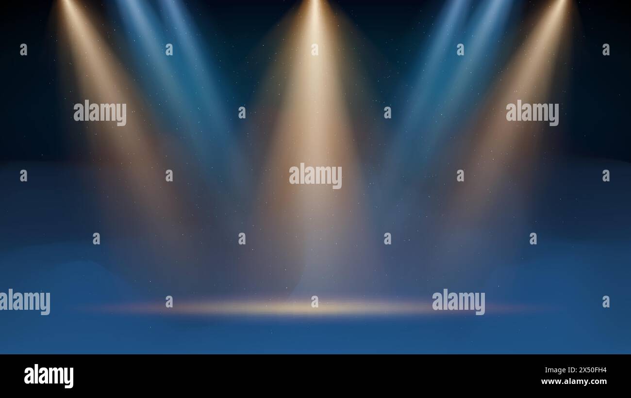 Golden, blue spotlight backdrop. Illuminated stage, blue fog, smoke ...