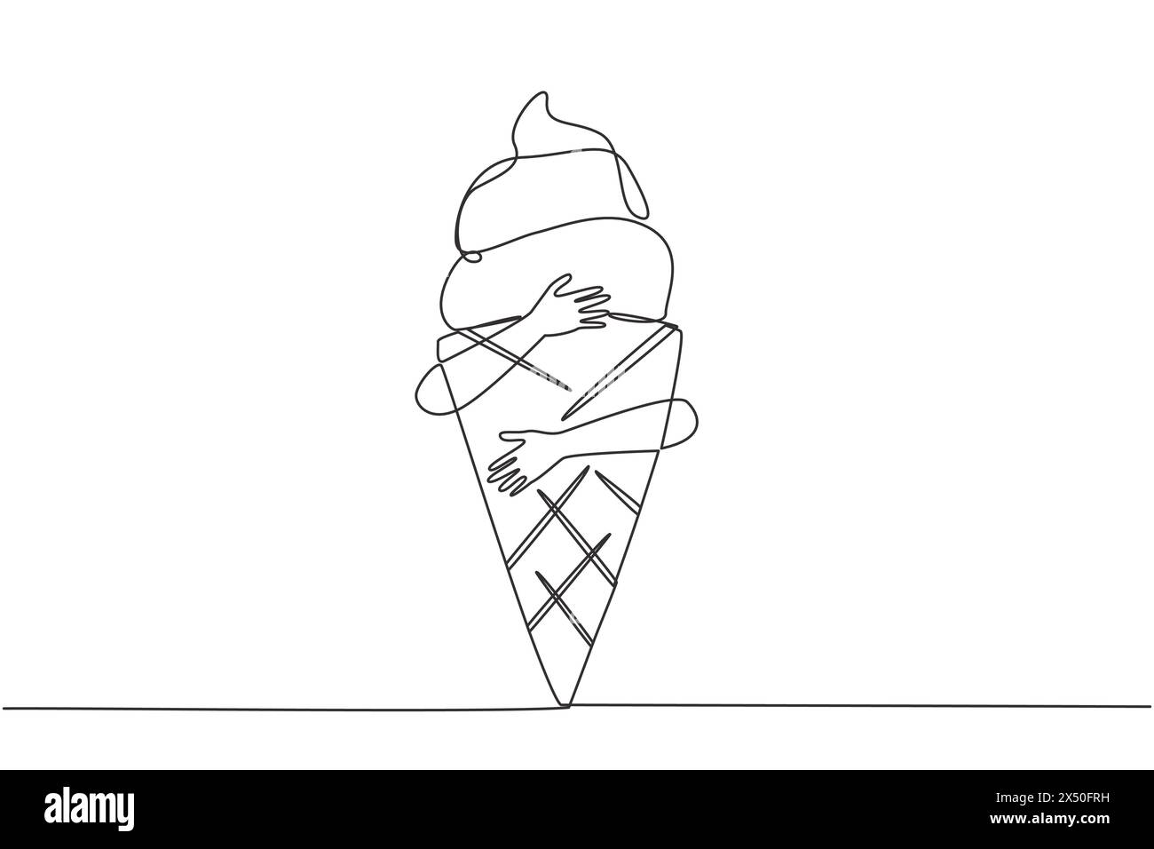 Single one line drawing human hands hugging ice cream. Snacks with high ...