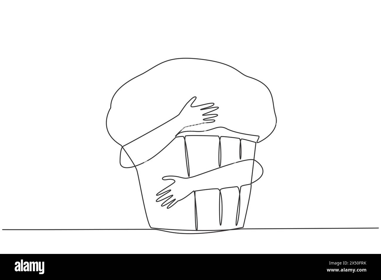 Continuous one line drawing human hands hugging huge muffin. Small circular buns with a sweet ...