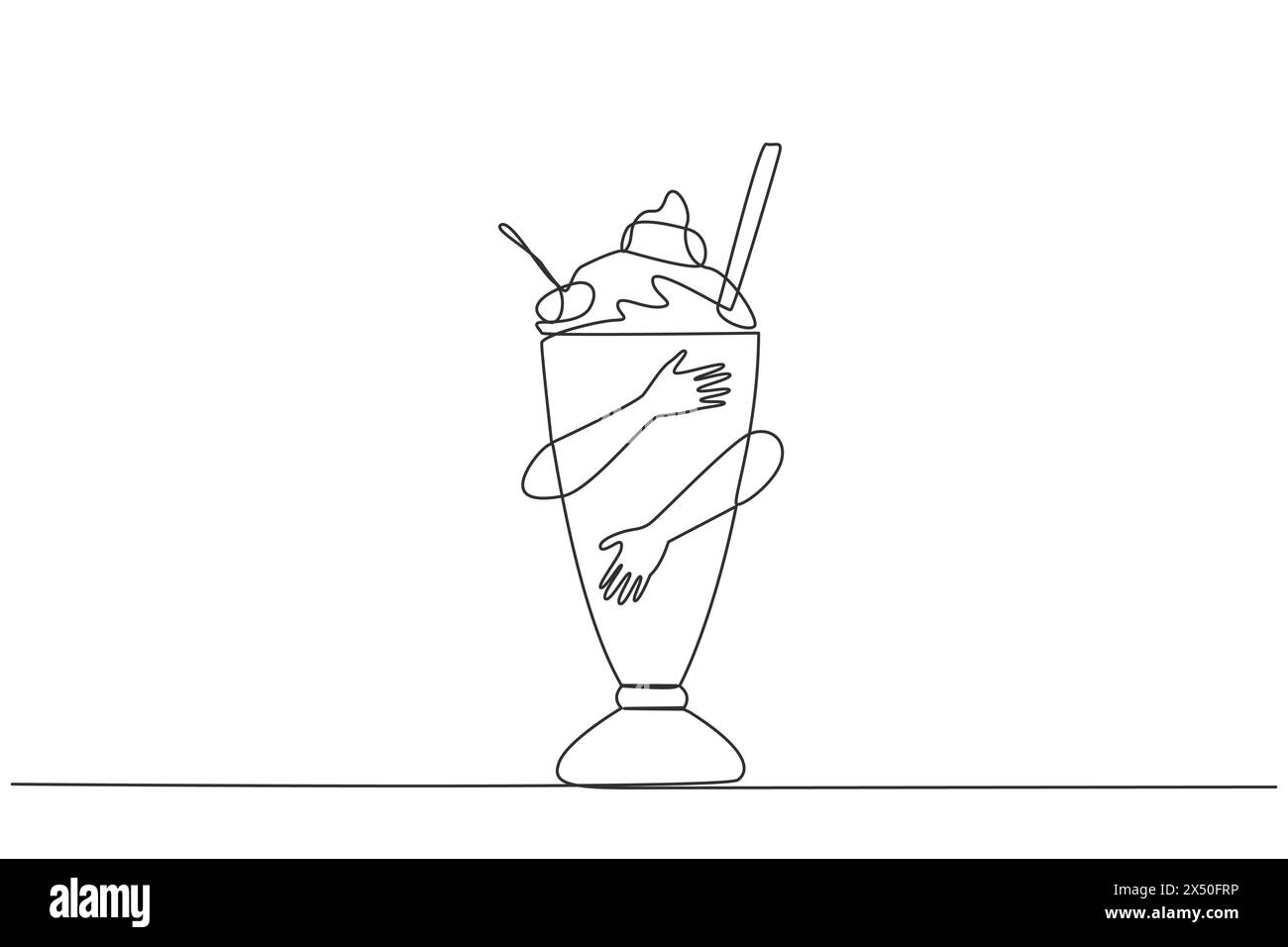 Single continuous line drawing human hands hugging milkshake. Drinks ...
