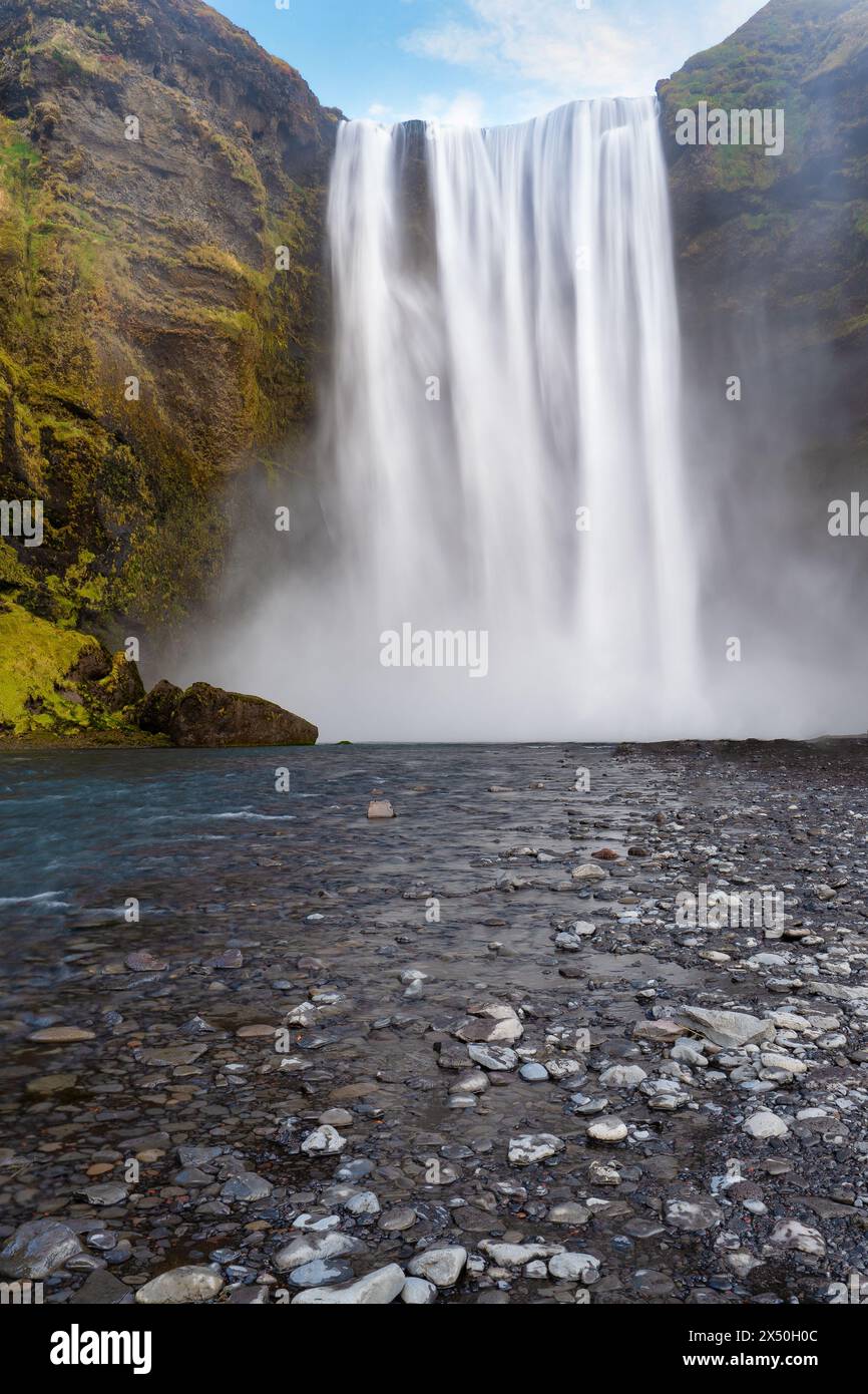 Skogafoss waterfall flowing into Skogar river, Katla Geopark, Southern ...