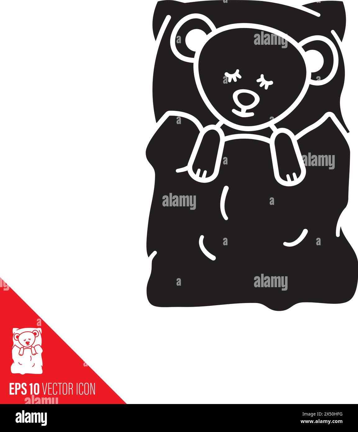Cute teddy bear sleeping on pillow and under blanket vector glyph icon ...