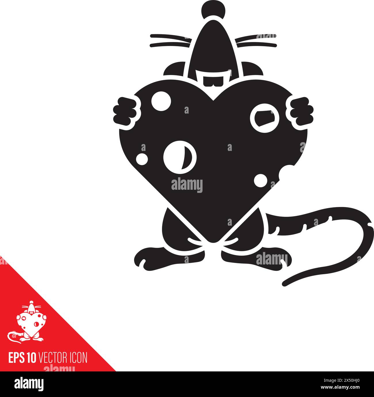 Happy cartoon mouse holding heart of cheese vector glyph icon for Swiss ...
