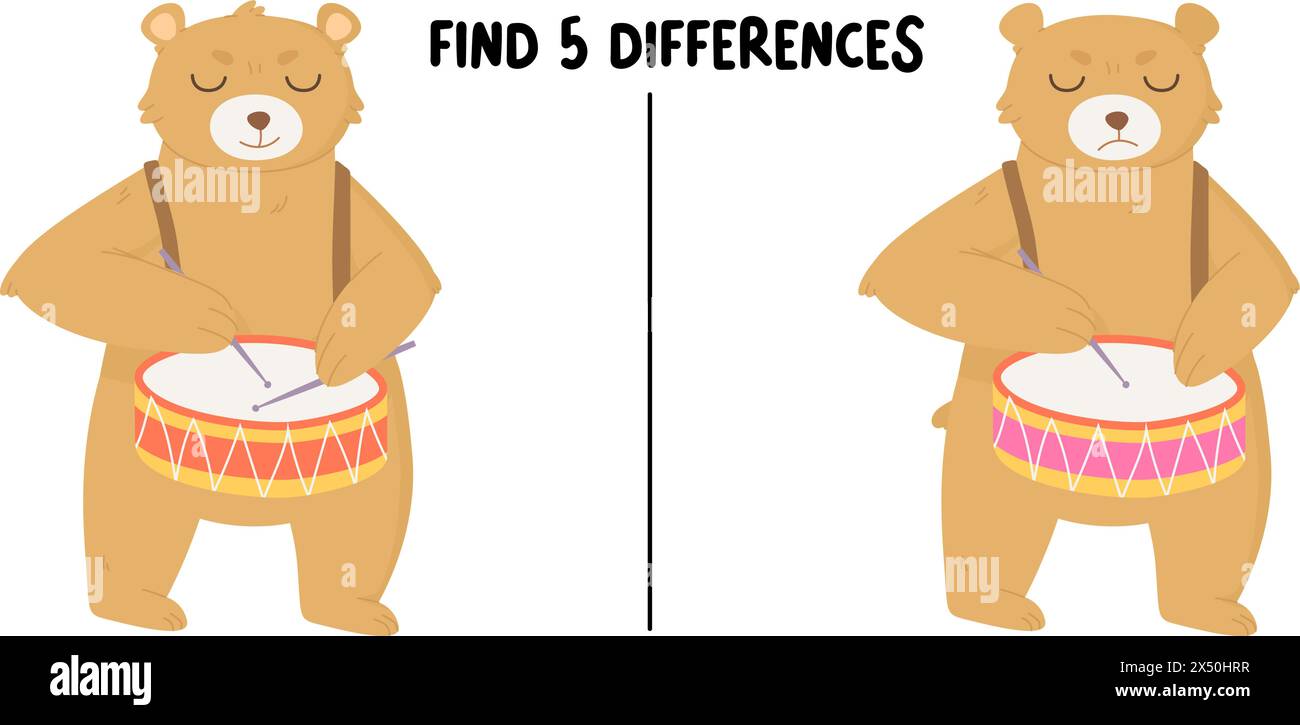 Find 5 differences kids game. Bear with drum drawing Stock Vector Image & Art - Alamy