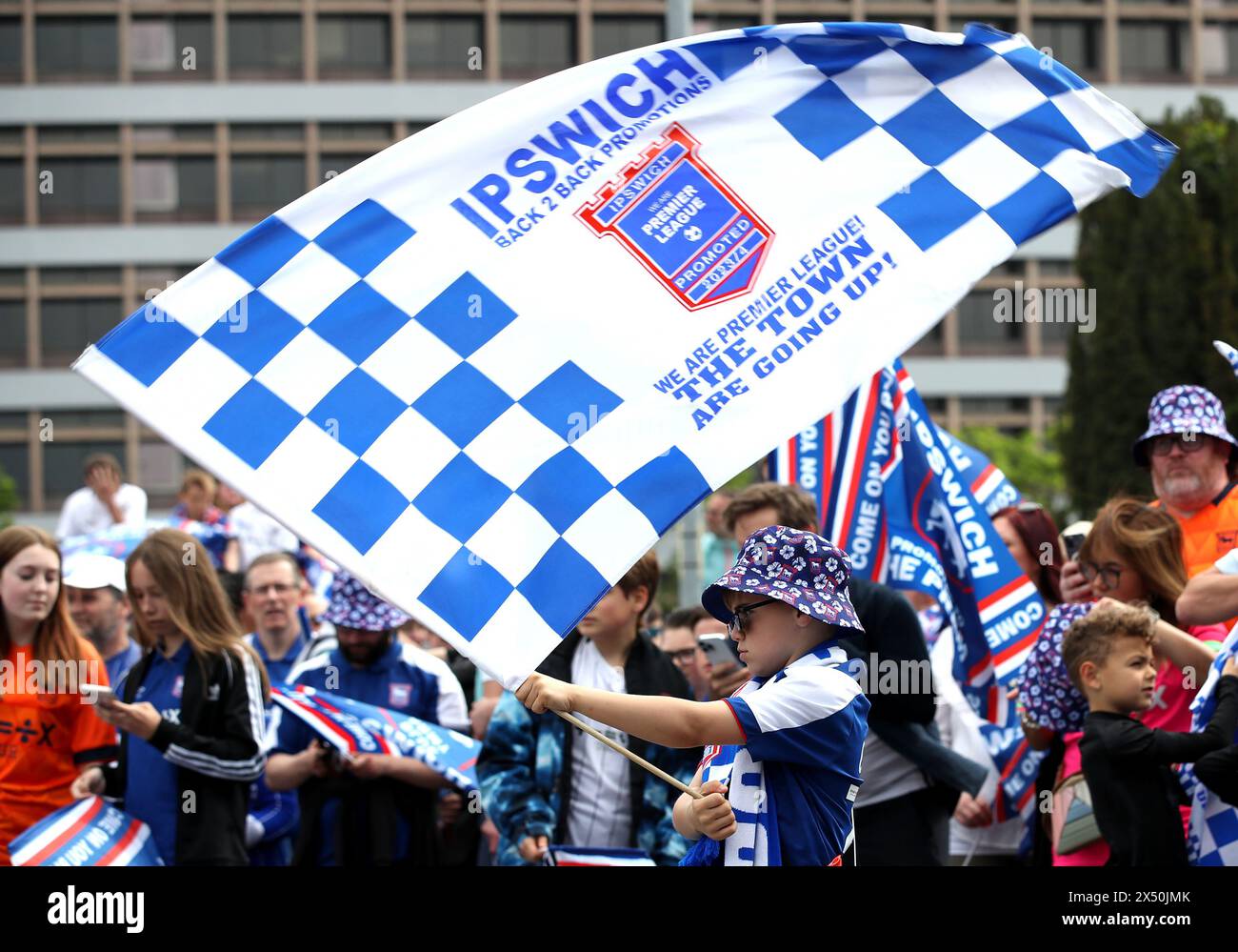 Ipswich Town fans ahead of an open-top bus parade in Ipswich to ...