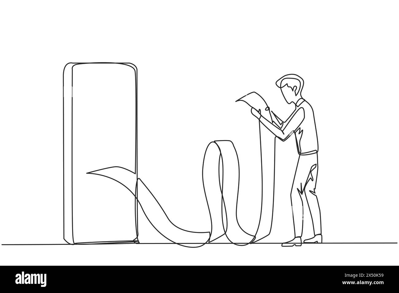 Single continuous line drawing young businessman holding billing paper ...