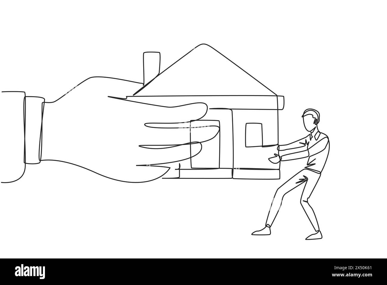Continuous one line drawing young businessman pulling miniature house ...