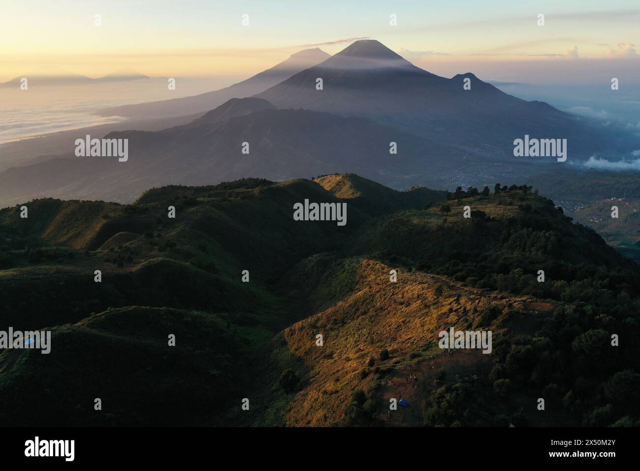 Aerial sunrise on the Prau plateau, Dieng, Central Java, Indonesia ...