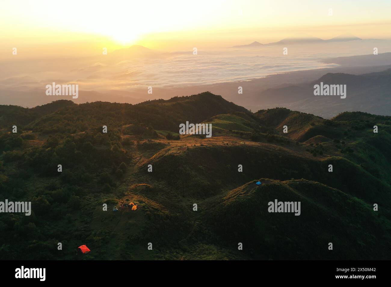 Aerial sunrise on the Prau plateau, Dieng, Central Java, Indonesia ...