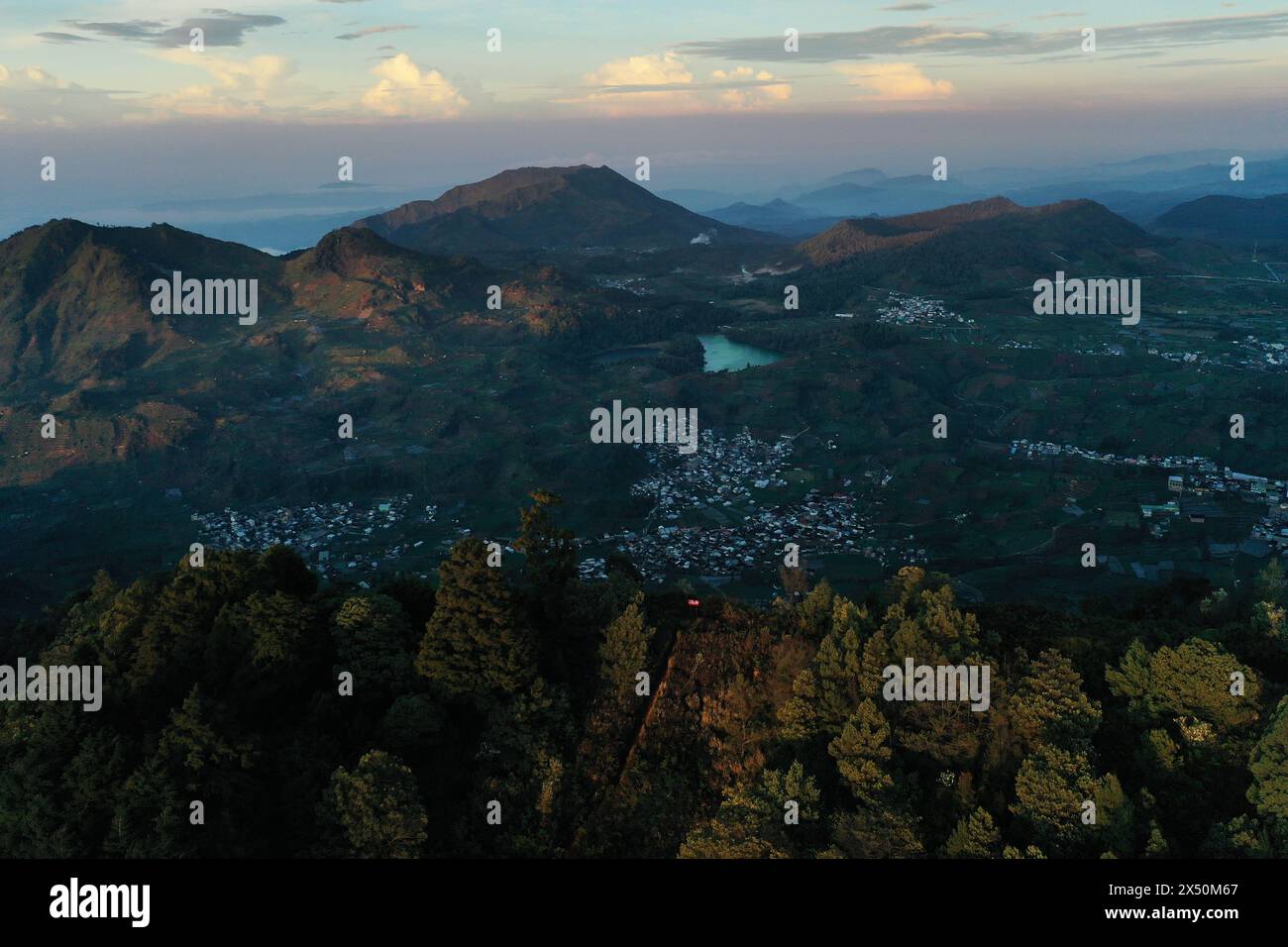 Aerial sunrise on the Prau plateau, Dieng, Central Java, Indonesia ...