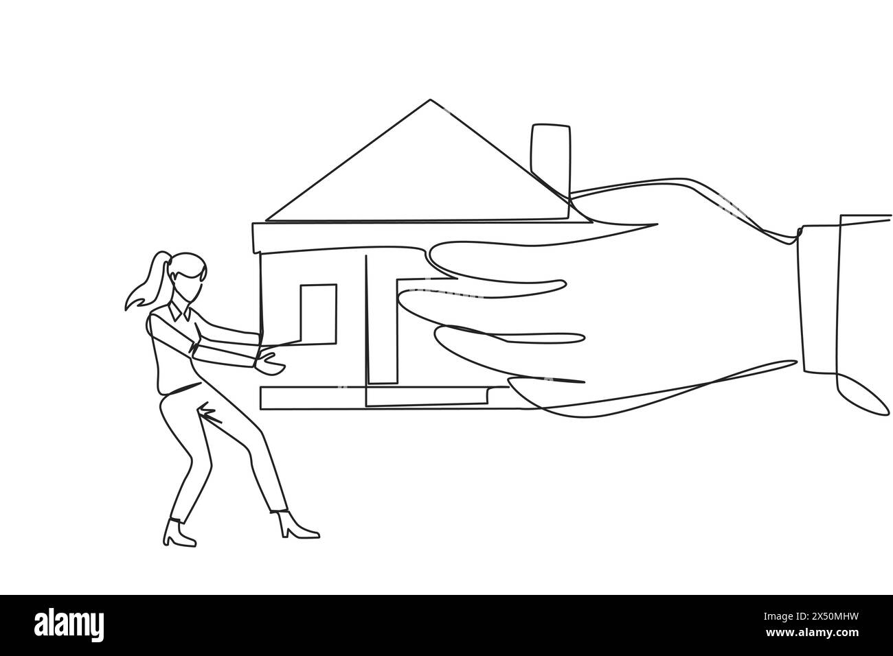 Continuous one line drawing businesswoman pulling miniature house which ...