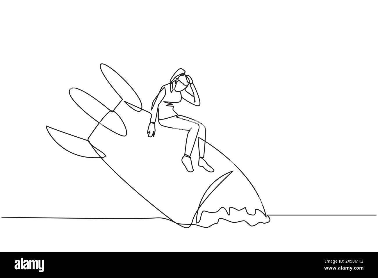 Single one line drawing businesswoman sits downcast on swooping rocket ...