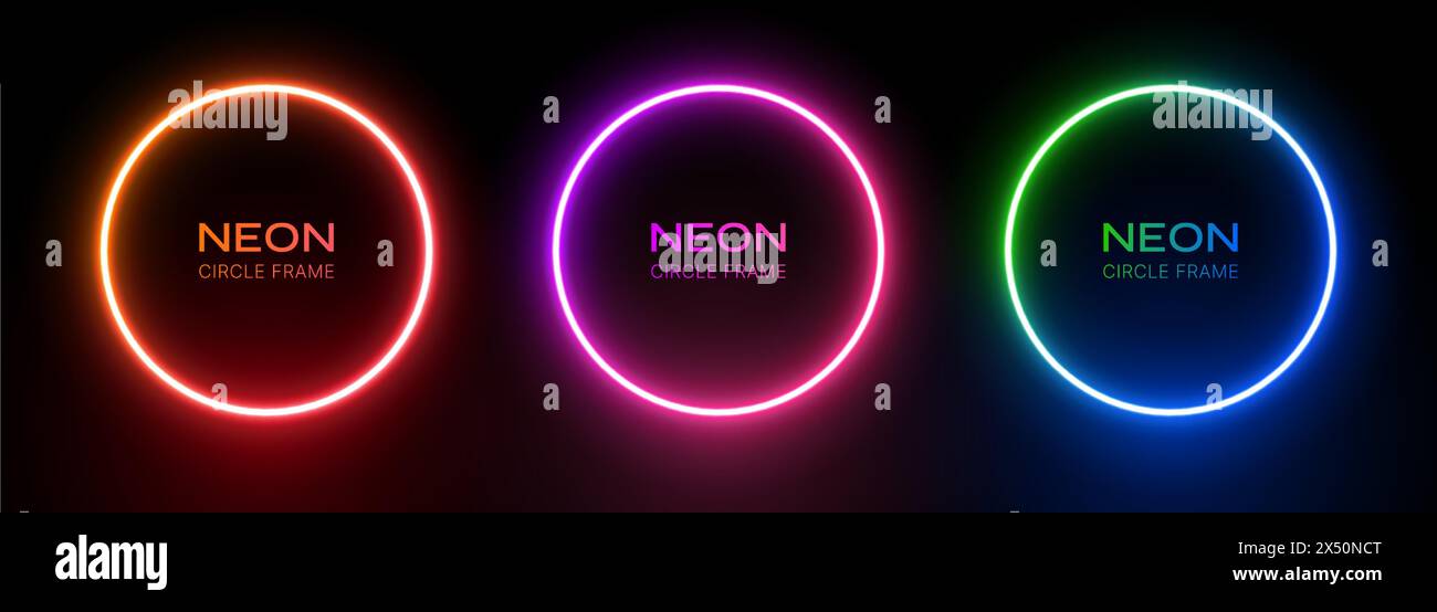 Neon round light. Circle frame with glow on a black background. Led ...