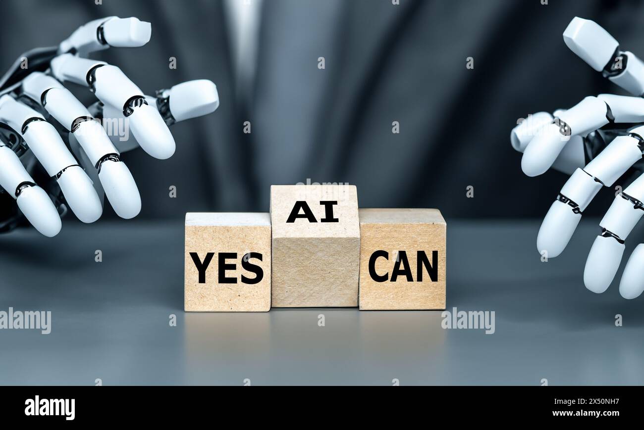 Robot hand turns cube and puts the letter 'AI' in to the expression'yes ...