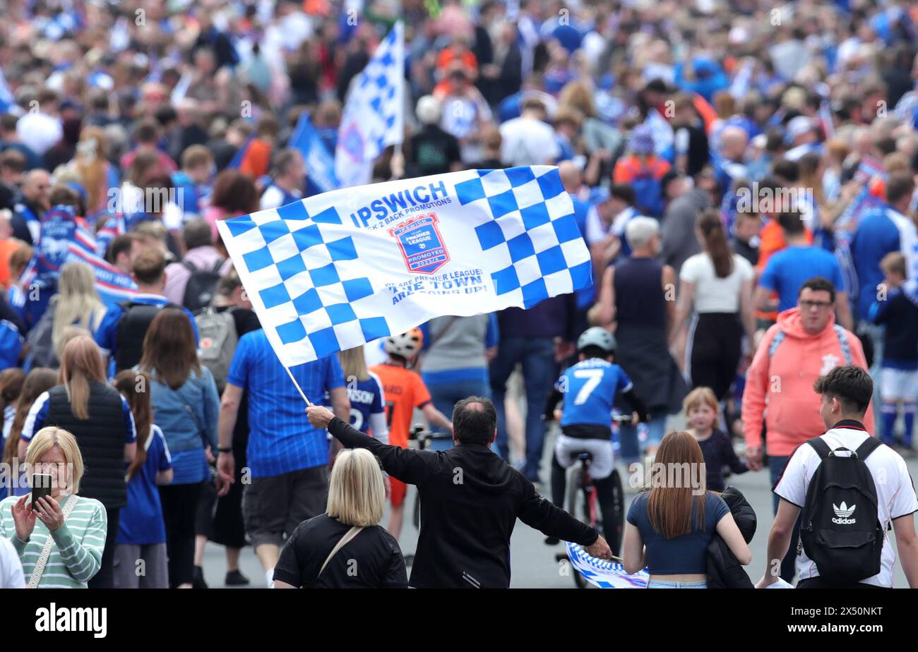 Ipswich Town fans ahead of an open-top bus parade in Ipswich to ...