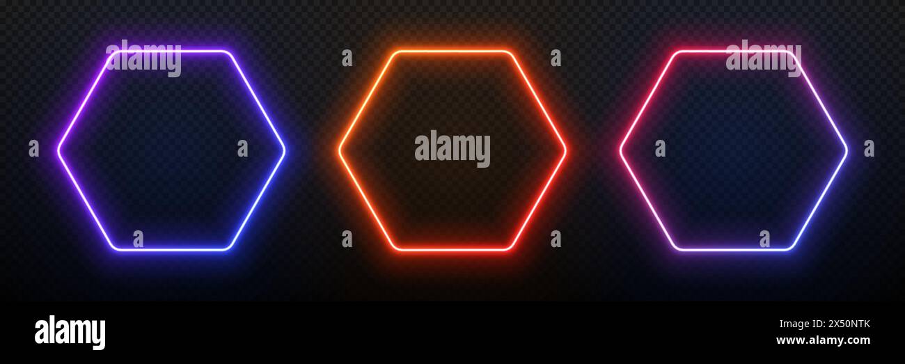Hexagon neon light frame. 3d glow gradient geometric shape. Led laser ...
