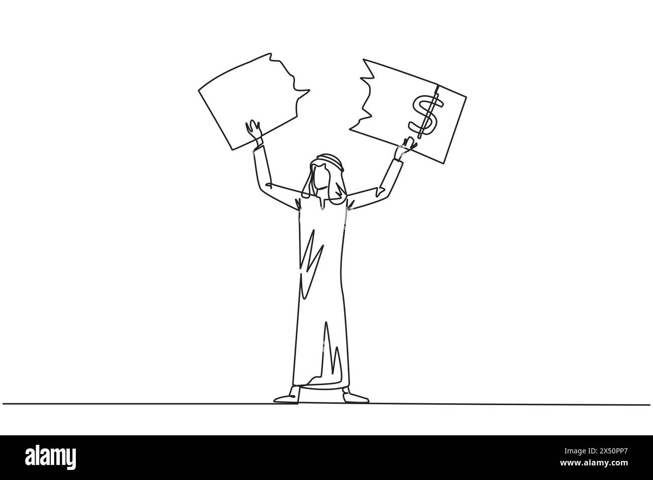 Continuous one line drawing Arab businessman stood up tore off ...