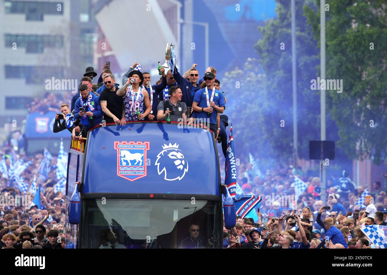 Ipswich Town players during an open-top bus parade in Ipswich to ...