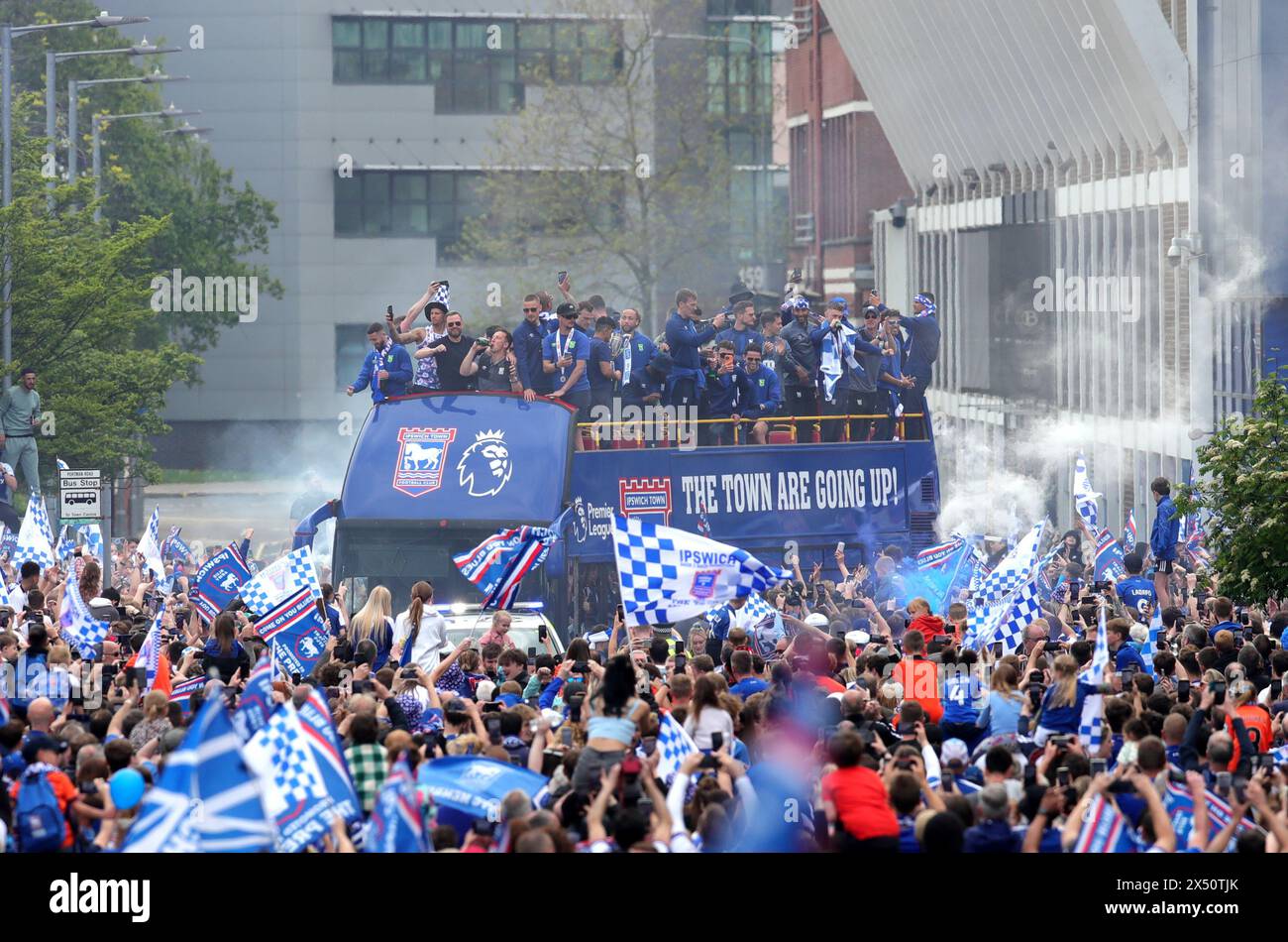 Ipswich Town players during an open-top bus parade in Ipswich to ...
