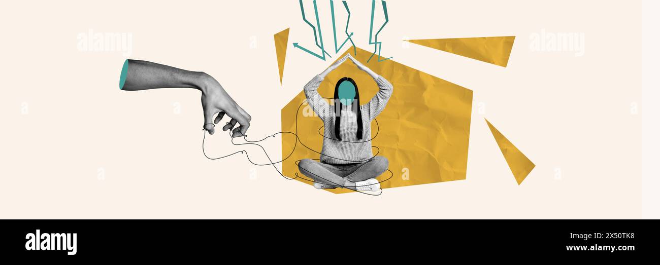 Creative collage of female panorama hands protect roof gesture puppet ...