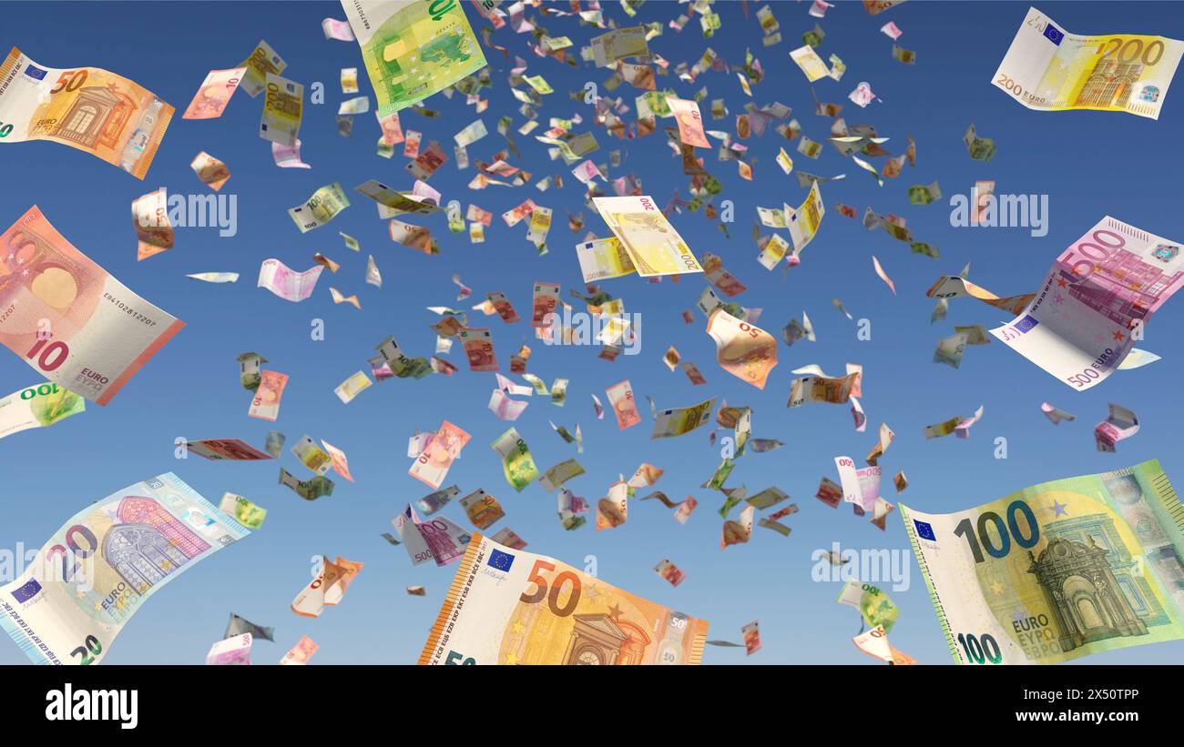Money rain (Euro notes) from a blue sky Stock Photo - Alamy