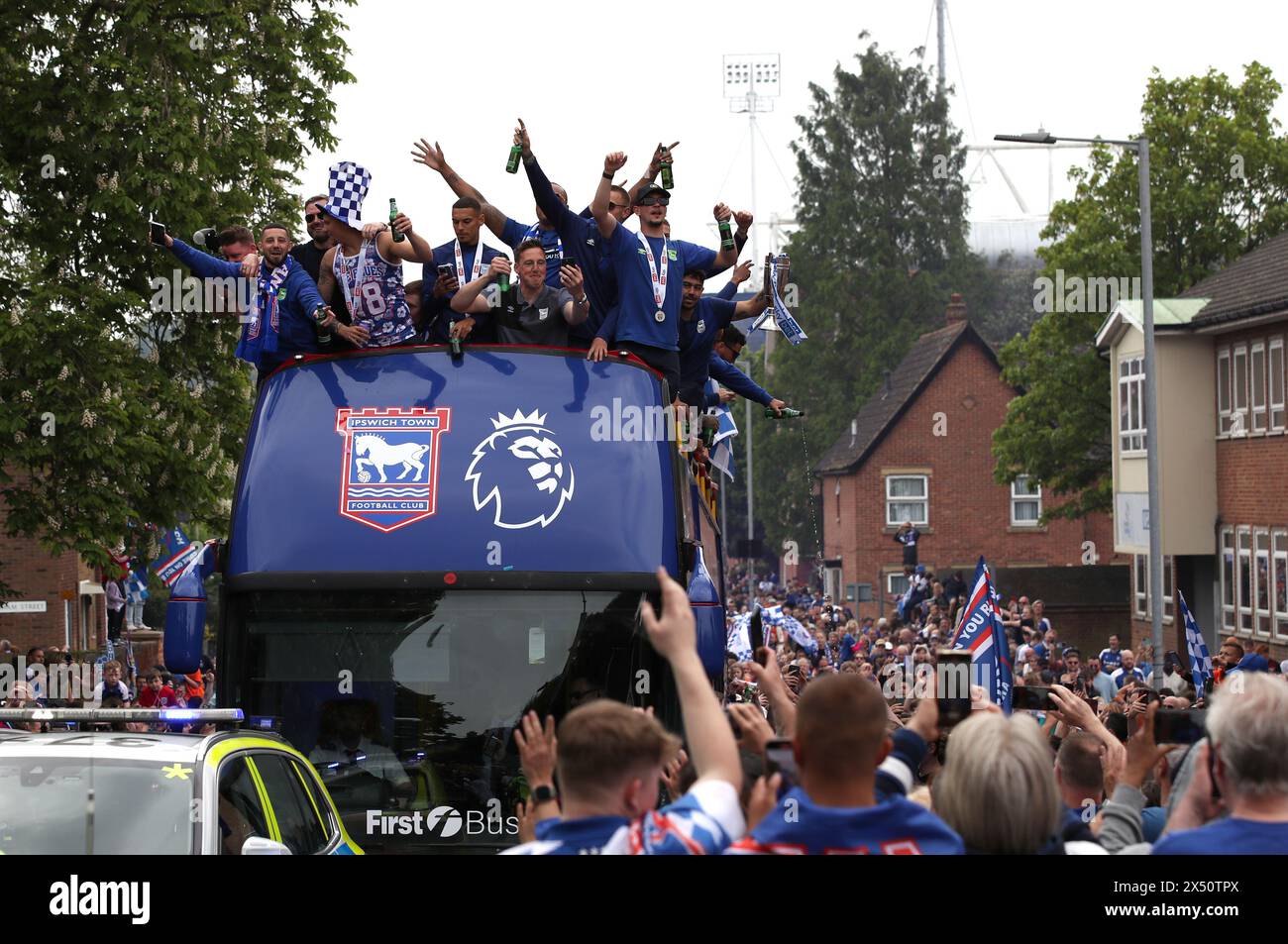 Ipswich Town players during an open-top bus parade in Ipswich to ...