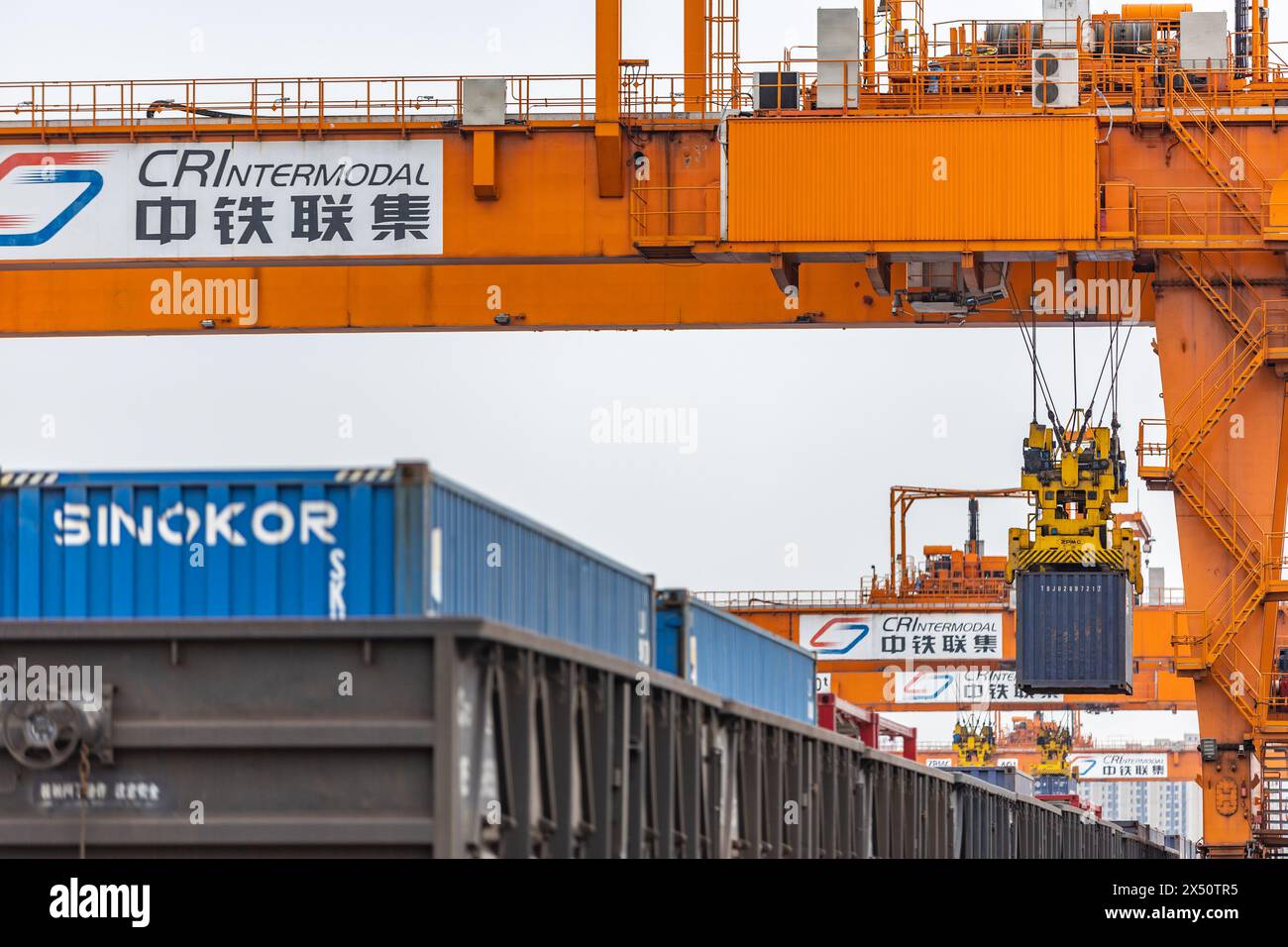 Chongqing. 5th May, 2024. A China-Europe freight train is loaded at the ...