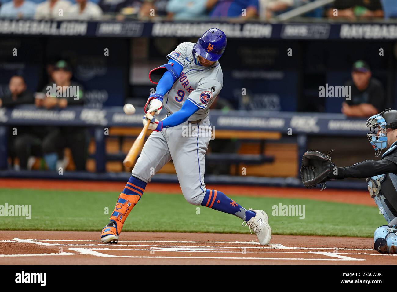 St. Petersburg, FL: New York Mets outfielder Brandon Nimmo (9) flies ...