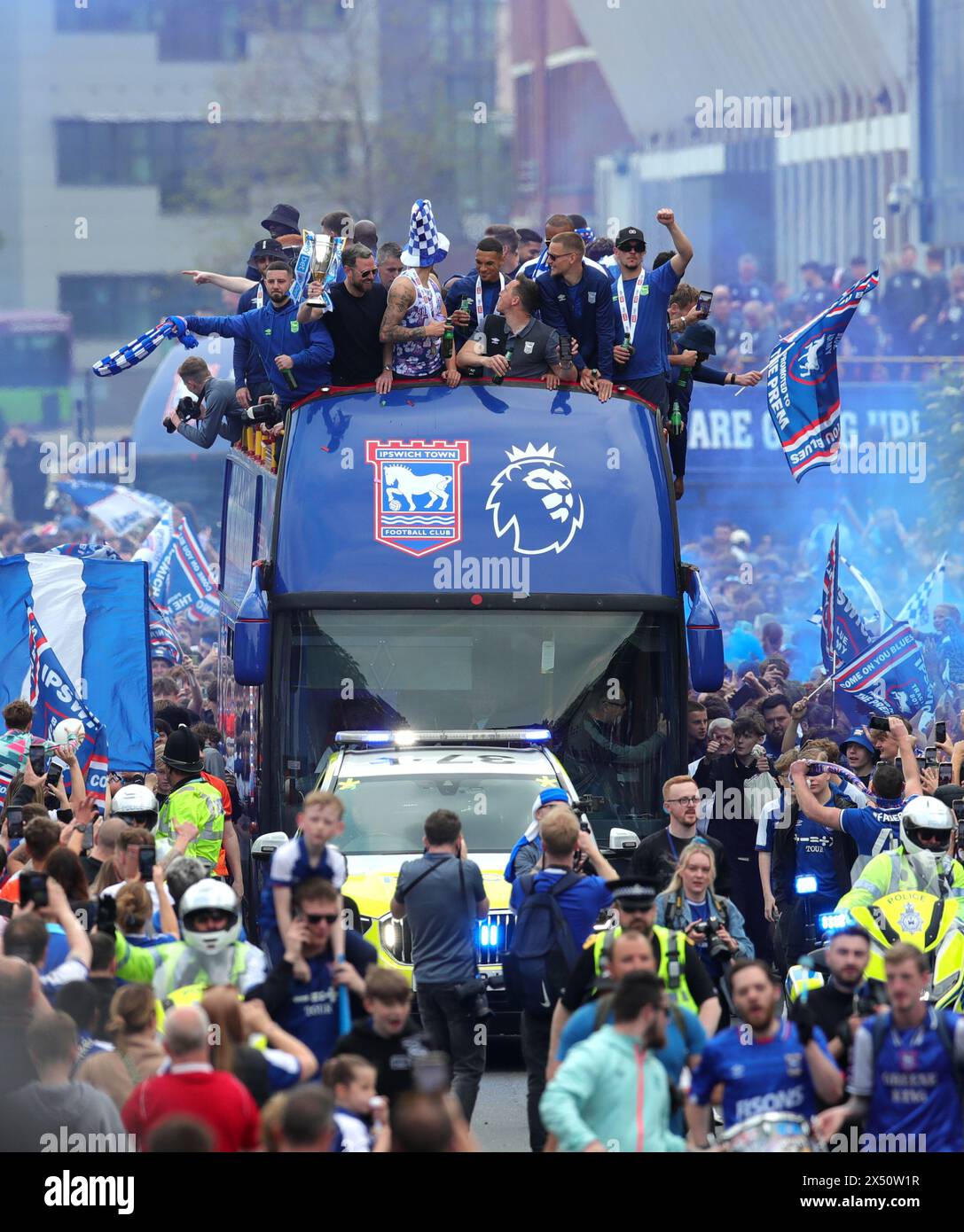 Ipswich Town players during an open-top bus parade in Ipswich to ...