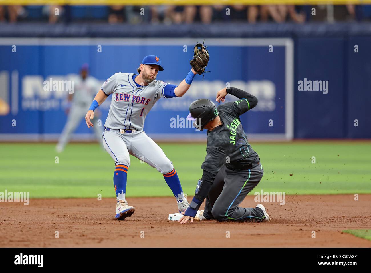 St. Petersburg, FL: Tampa Bay Rays catcher Alex Jackson (28) doubles ...