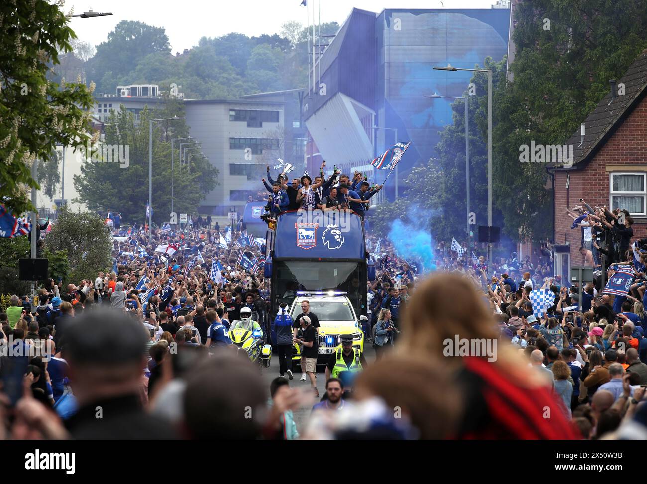 Ipswich Town players during an open-top bus parade in Ipswich to ...