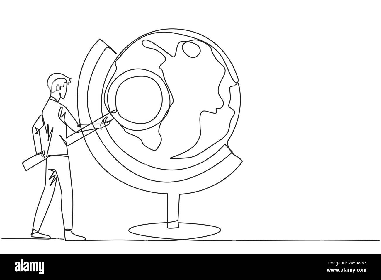 Single continuous line drawing young businessman stood holding the ...