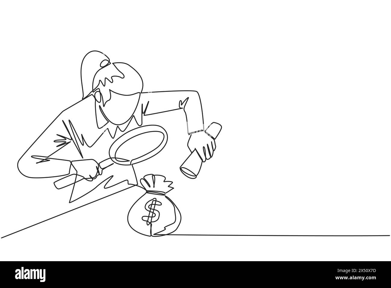 Continuous one line drawing businesswoman holds magnifier and ...