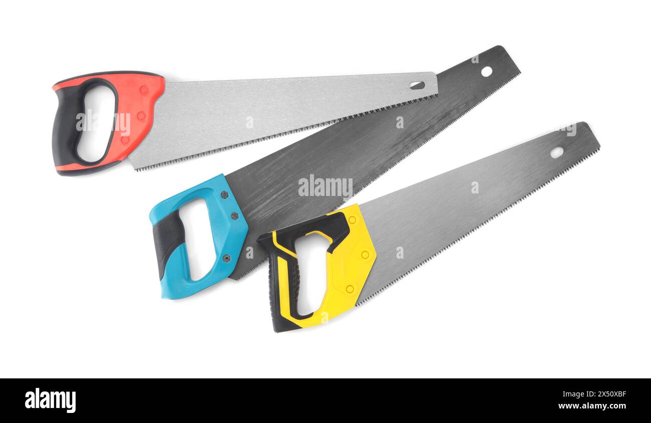 Saws with colorful handles isolated on white, top view Stock Photo - Alamy