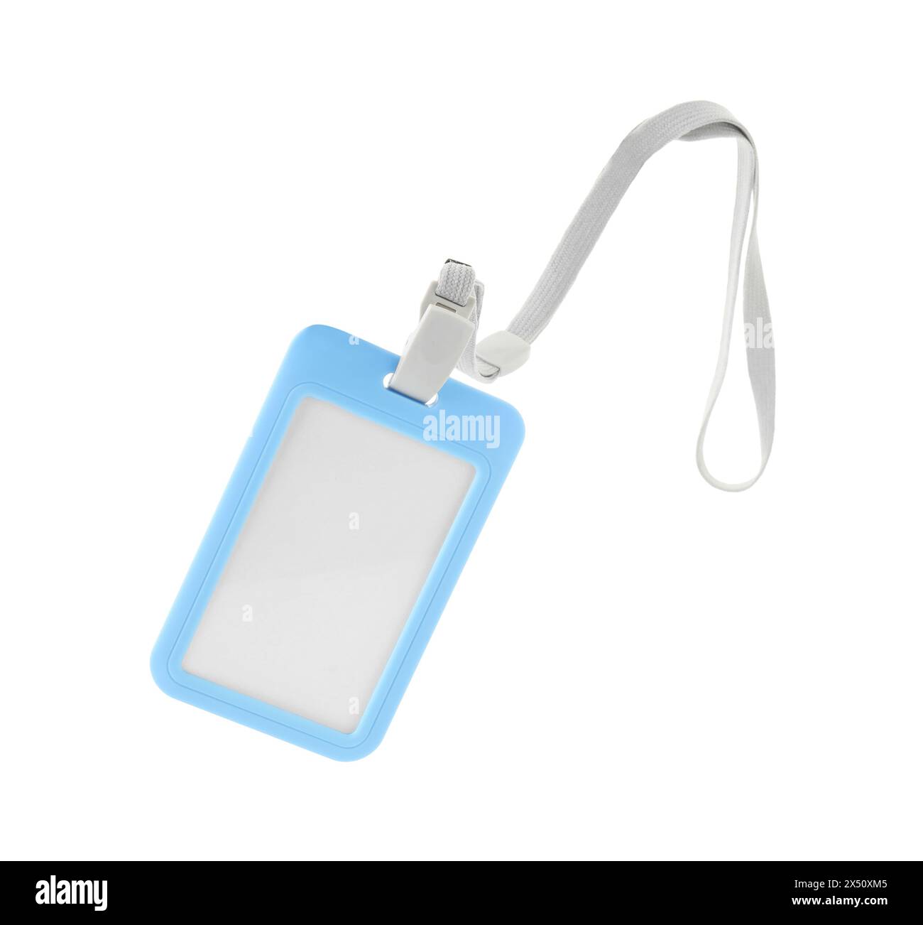 Blank light blue badge with string isolated on white Stock Photo - Alamy