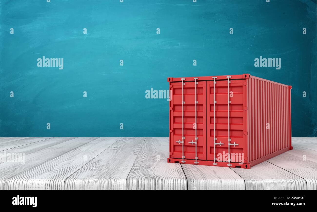 3d rendering of closed red shipping container on white wooden floor and ...