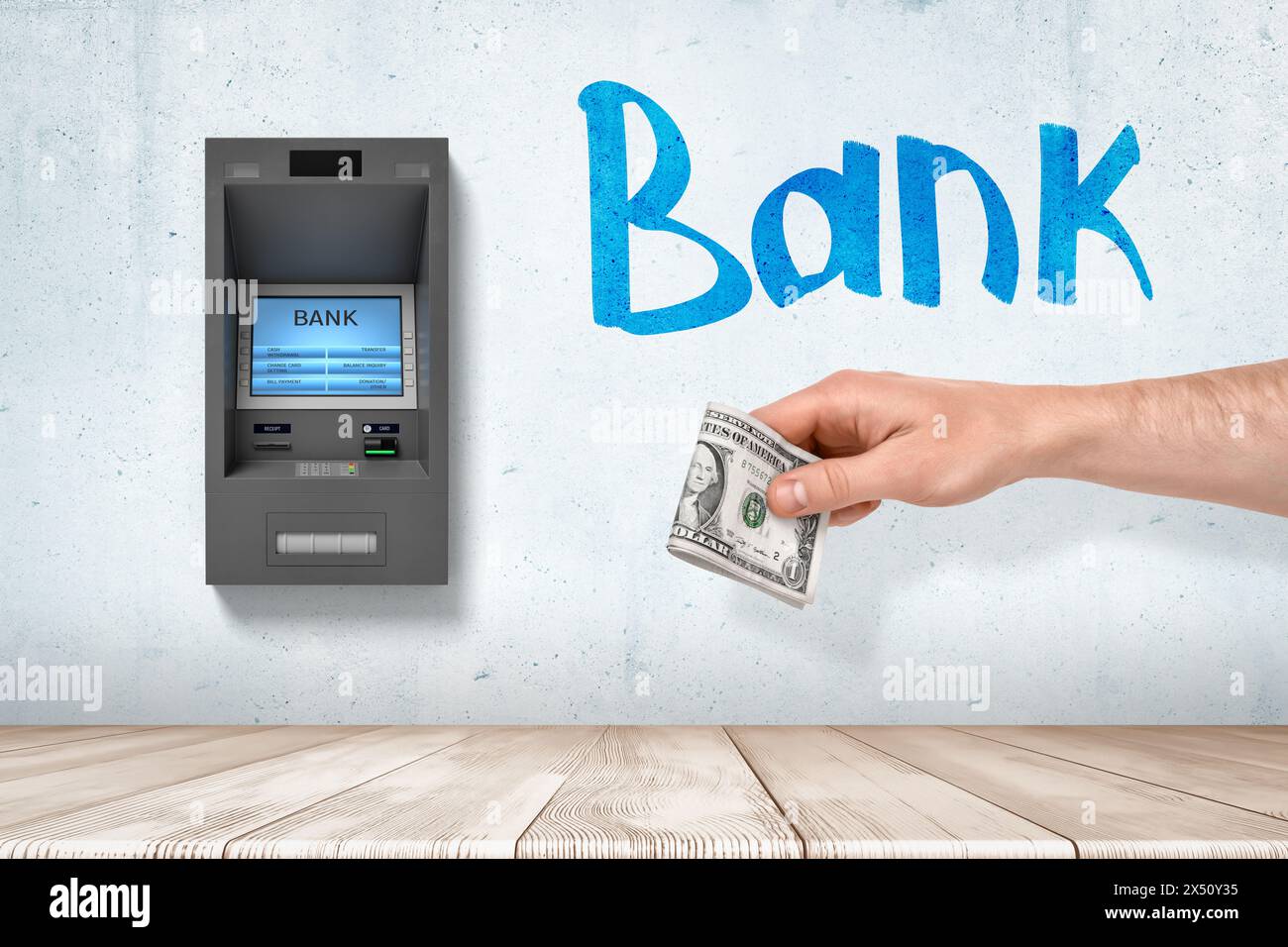 Hand withdrawing cash from ATM machine drawing Stock Photo - Alamy